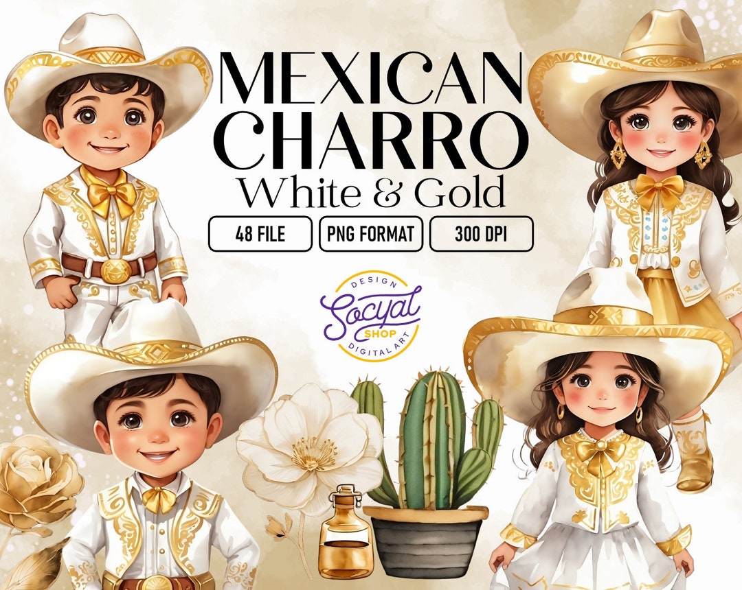 Charro Mexican Watercolor Clipart, Boy and Girl, White Dress With Gold ...