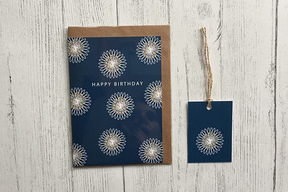 Happy Birthday Card Deep Blue Flower and Matching Gift Tag | Etsy