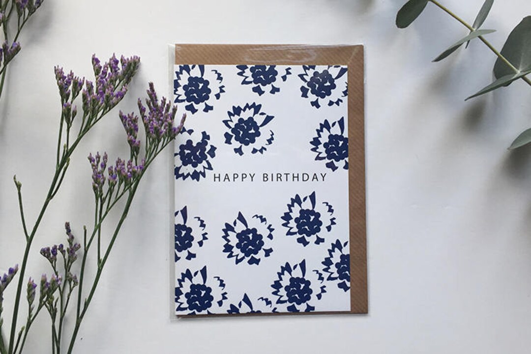 Happy Birthday Card Blue Floral - Etsy