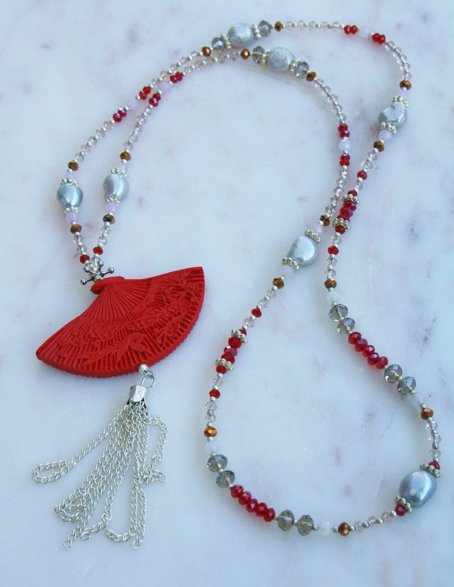 Chinoiserie Chic Cinnabar Bird Fan Tassel Necklace With Freshwater ...