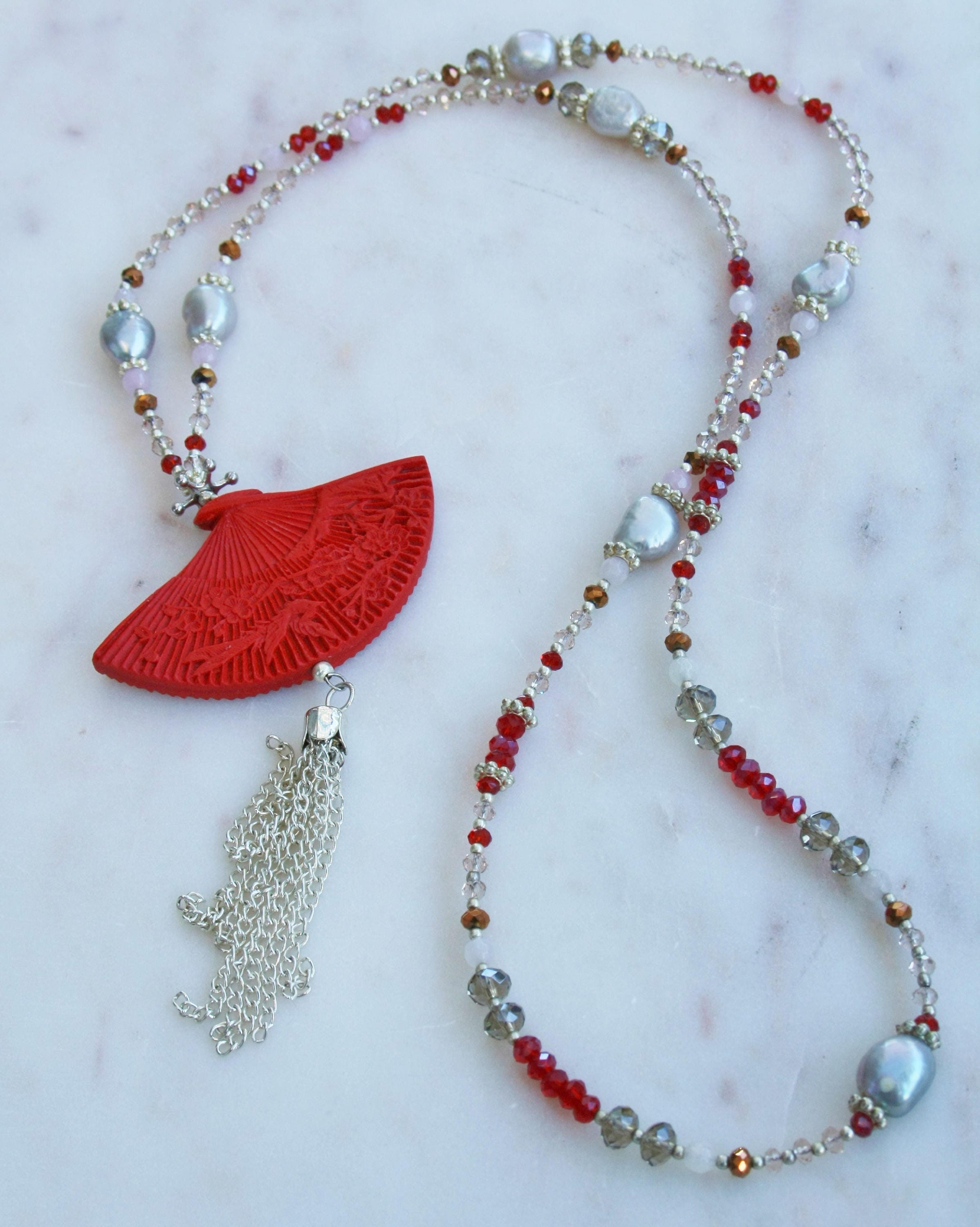 Chinoiserie Chic Cinnabar Bird Fan Tassel Necklace With Freshwater ...