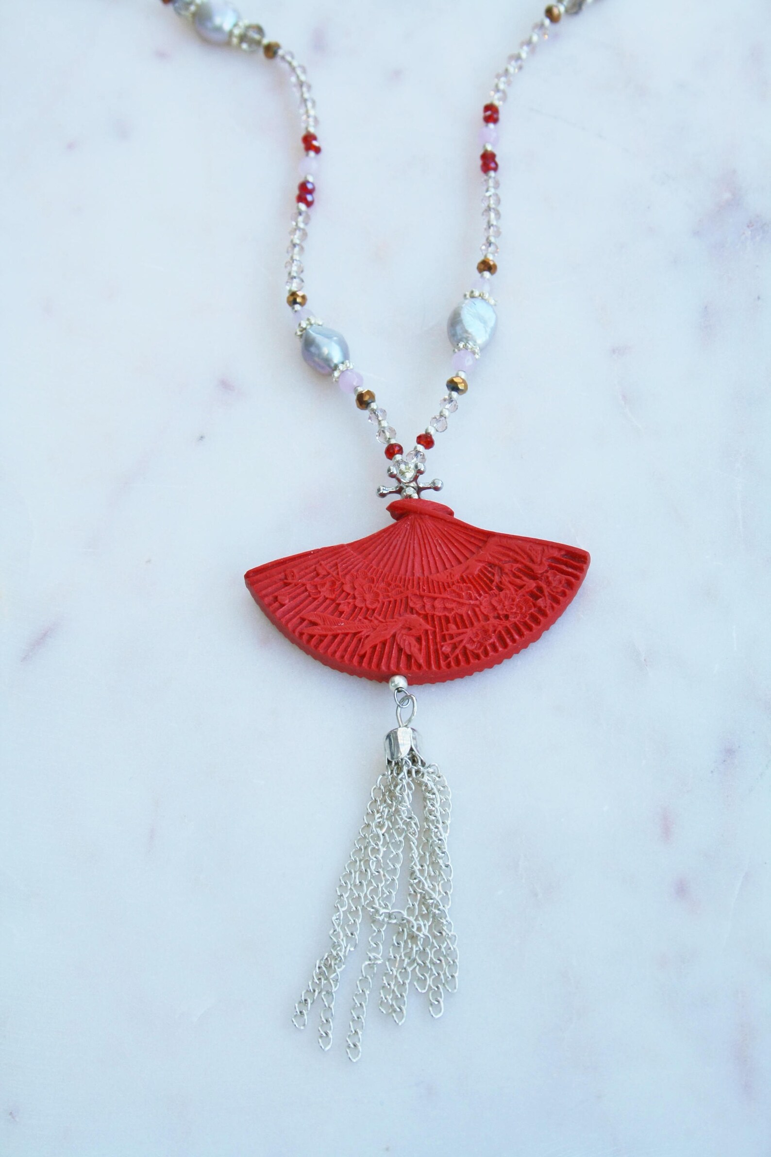 Chinoiserie Chic Cinnabar Bird Fan Tassel Necklace With Freshwater ...