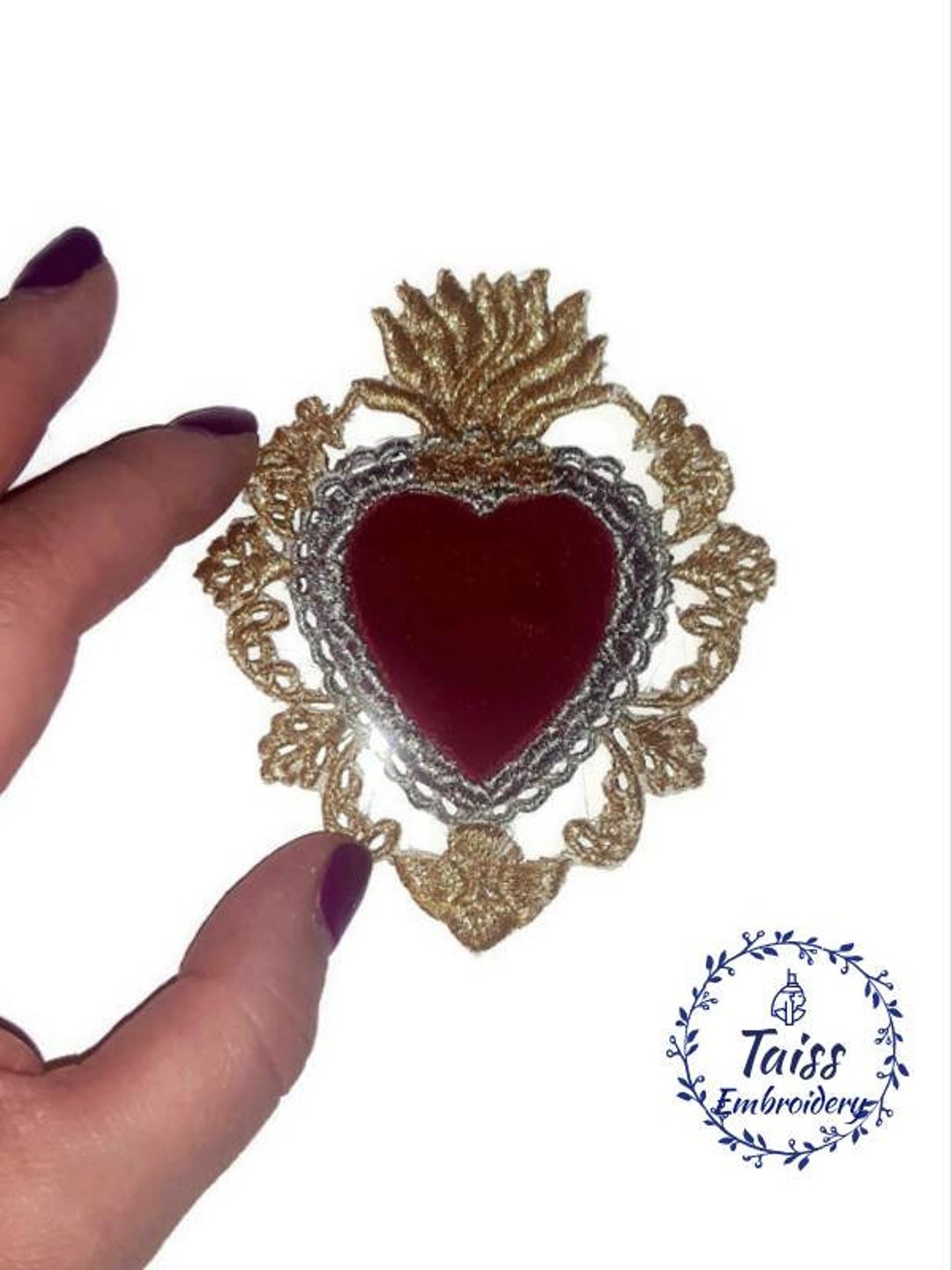 Milagros Sacred Heart, Large Embroidery Iron on Patch, Gold Applique ...