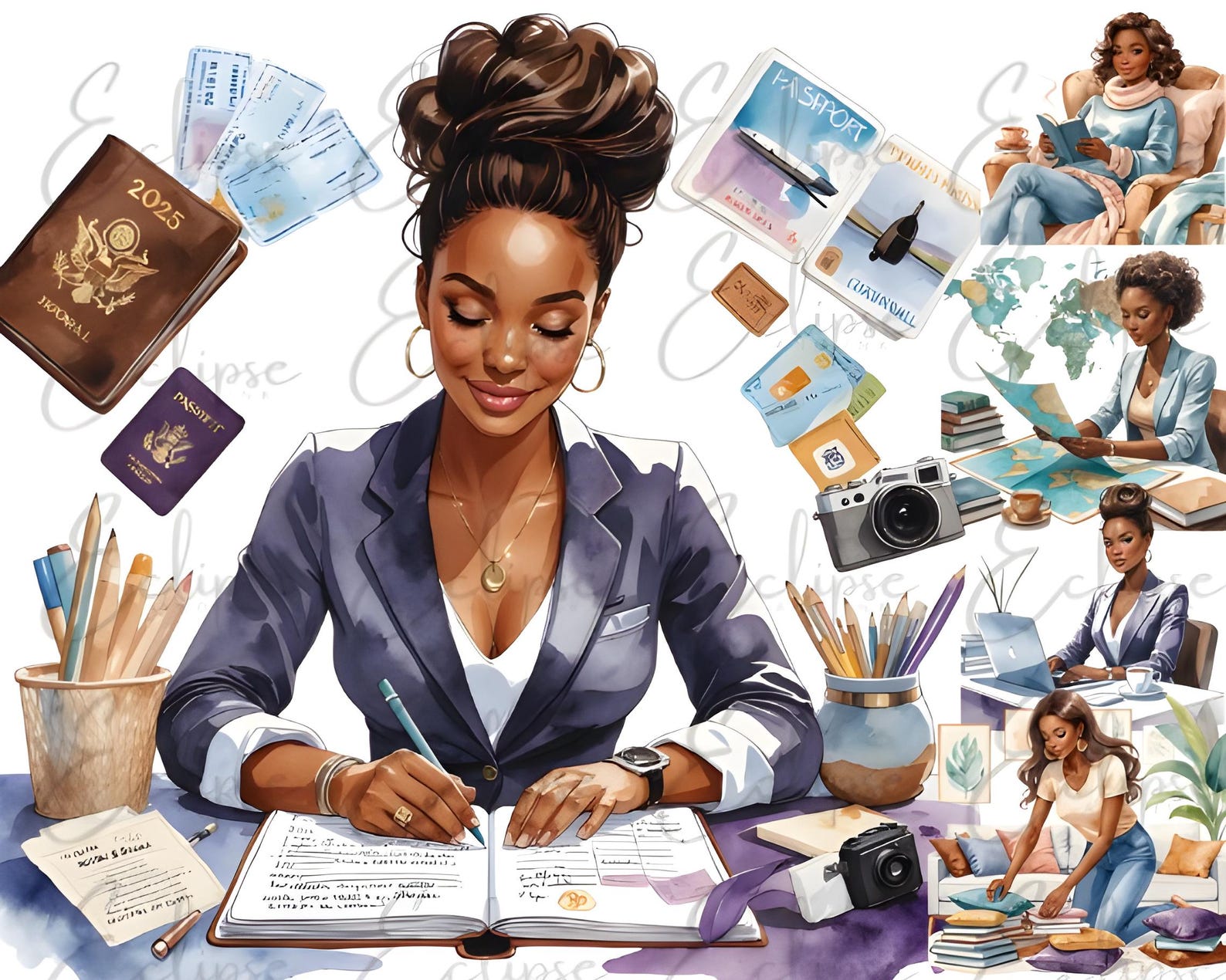 2025-themed Casual Digital Clipart Pack Brown Skin Ladies Cute and ...