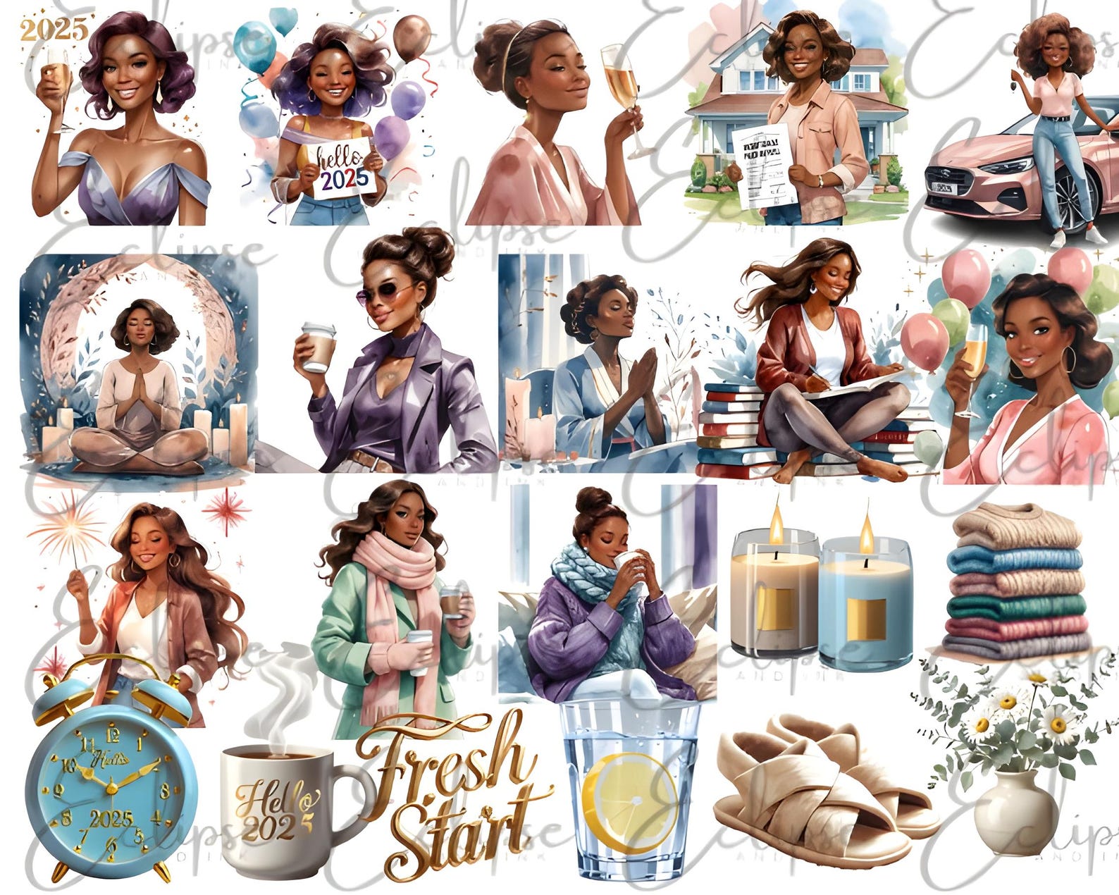 2025-themed Casual Digital Clipart Pack | Brown Skin Ladies | Cute and ...