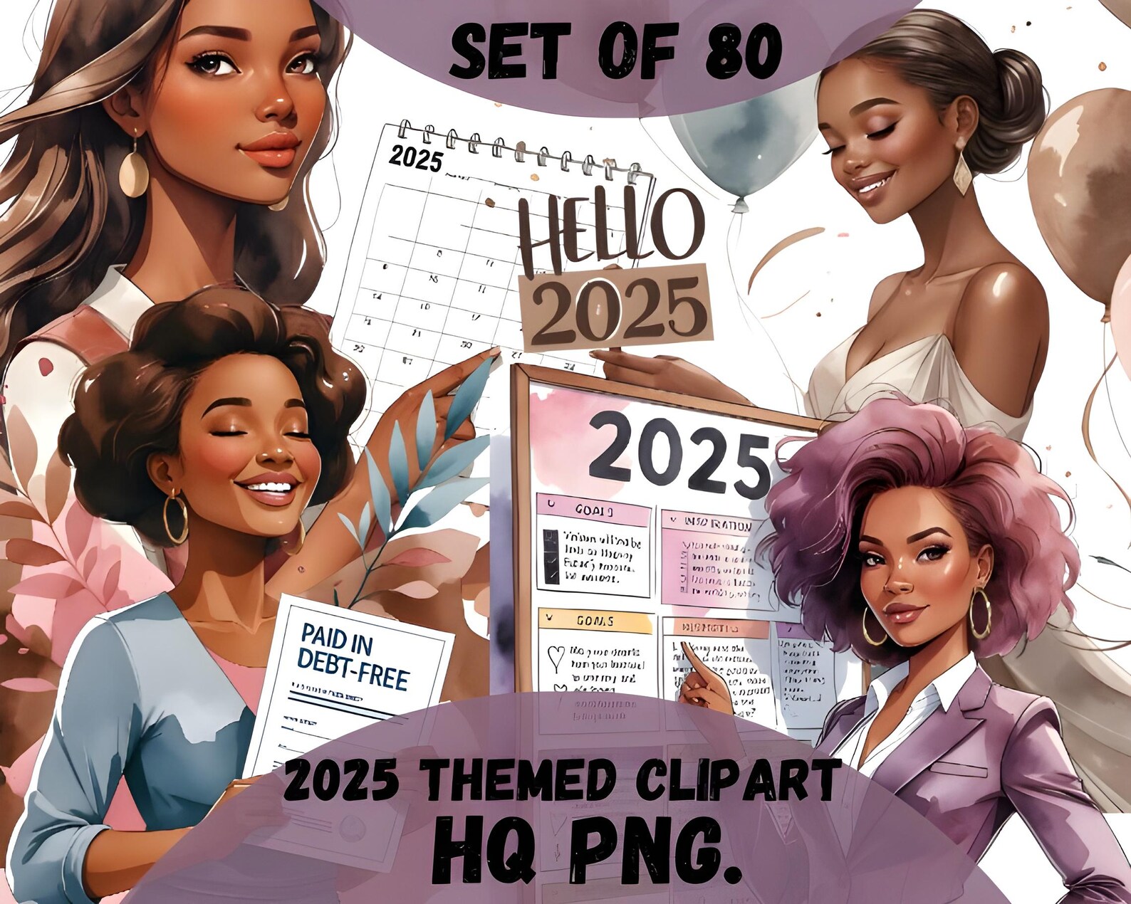 2025-themed Casual Digital Clipart Pack Brown Skin Ladies Cute and ...