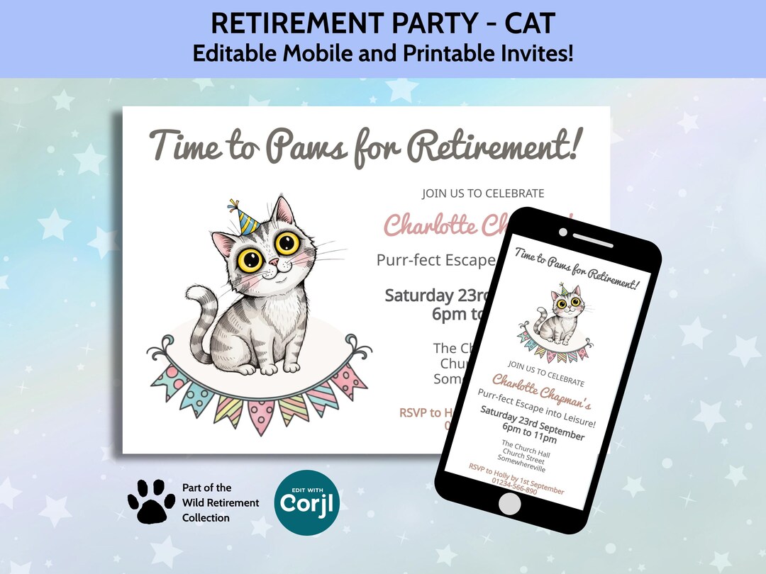 Funny Cat Retirement Invitation – Editable Corjl Template | Quirky ...