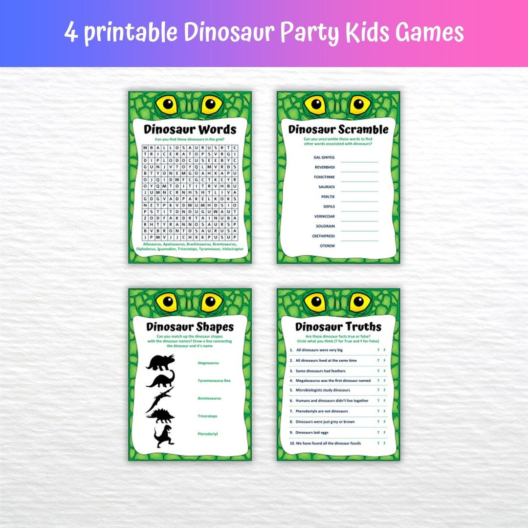 4 X Printable Games Dinosaur Party Word Search True False Anagrams ...