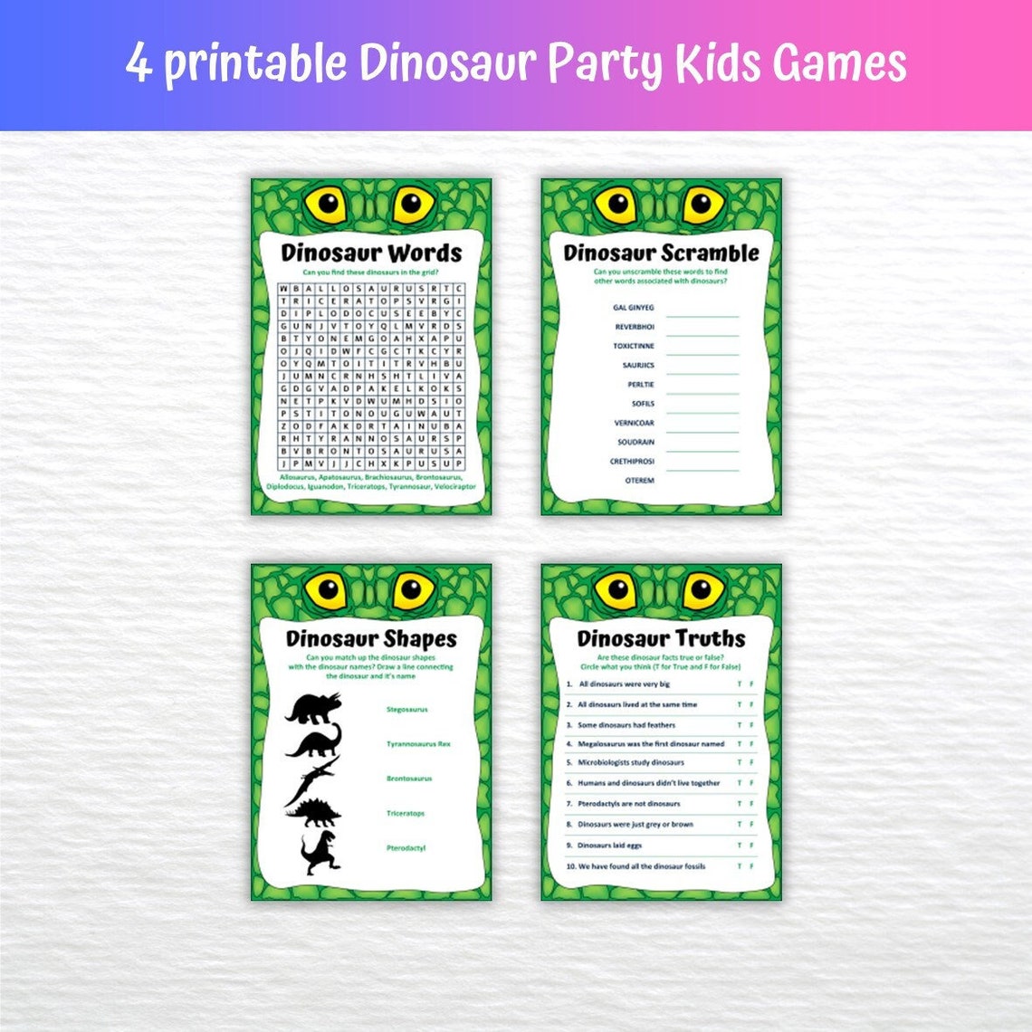 4 X Printable Games Dinosaur Party Word Search True False Anagrams ...