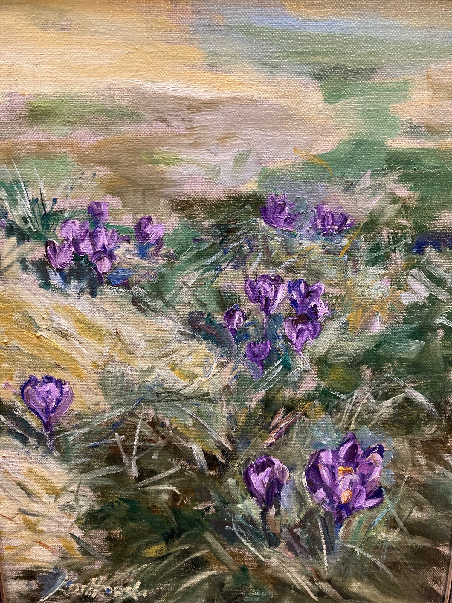 Purple Crocus Wildflower Landscape Poland Original Oil Painting by ...