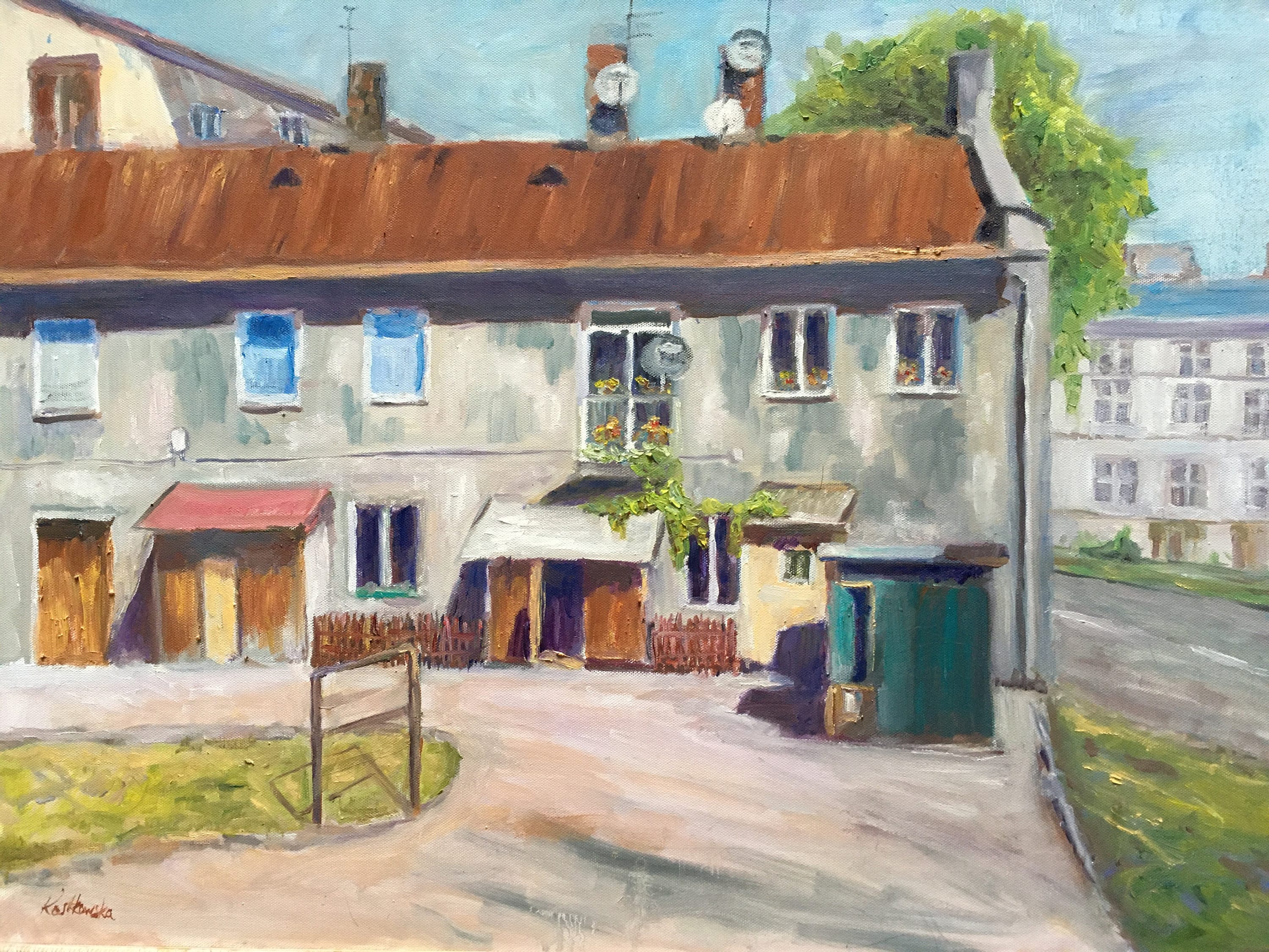 Oil Painting Old Buildings Stores
