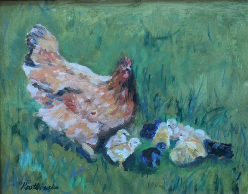 Rhode Island Red Hen Oil Painting With Chicks - 11x14 Framed - Etsy