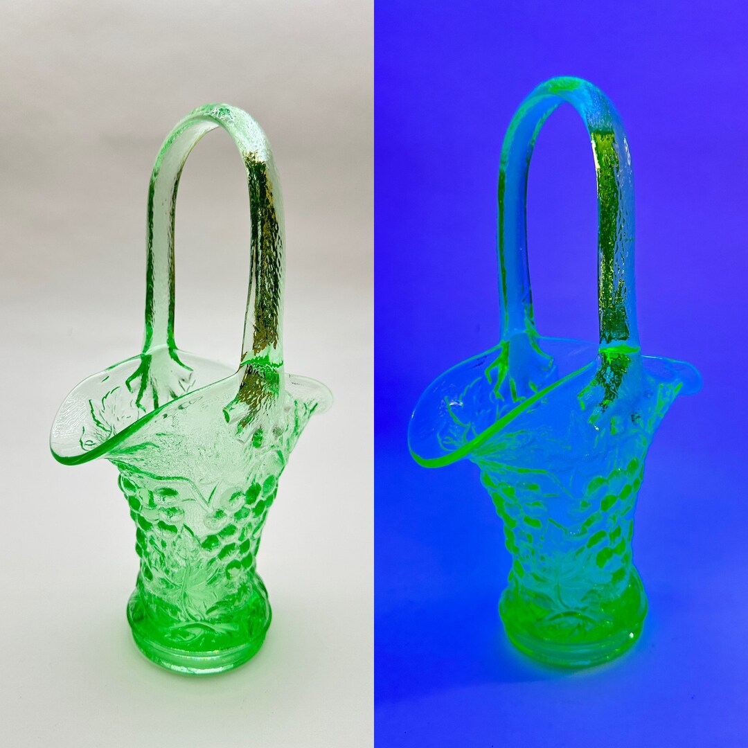 Imperial Glass Uranium Textured Grape Basket With Twig Handle - Etsy