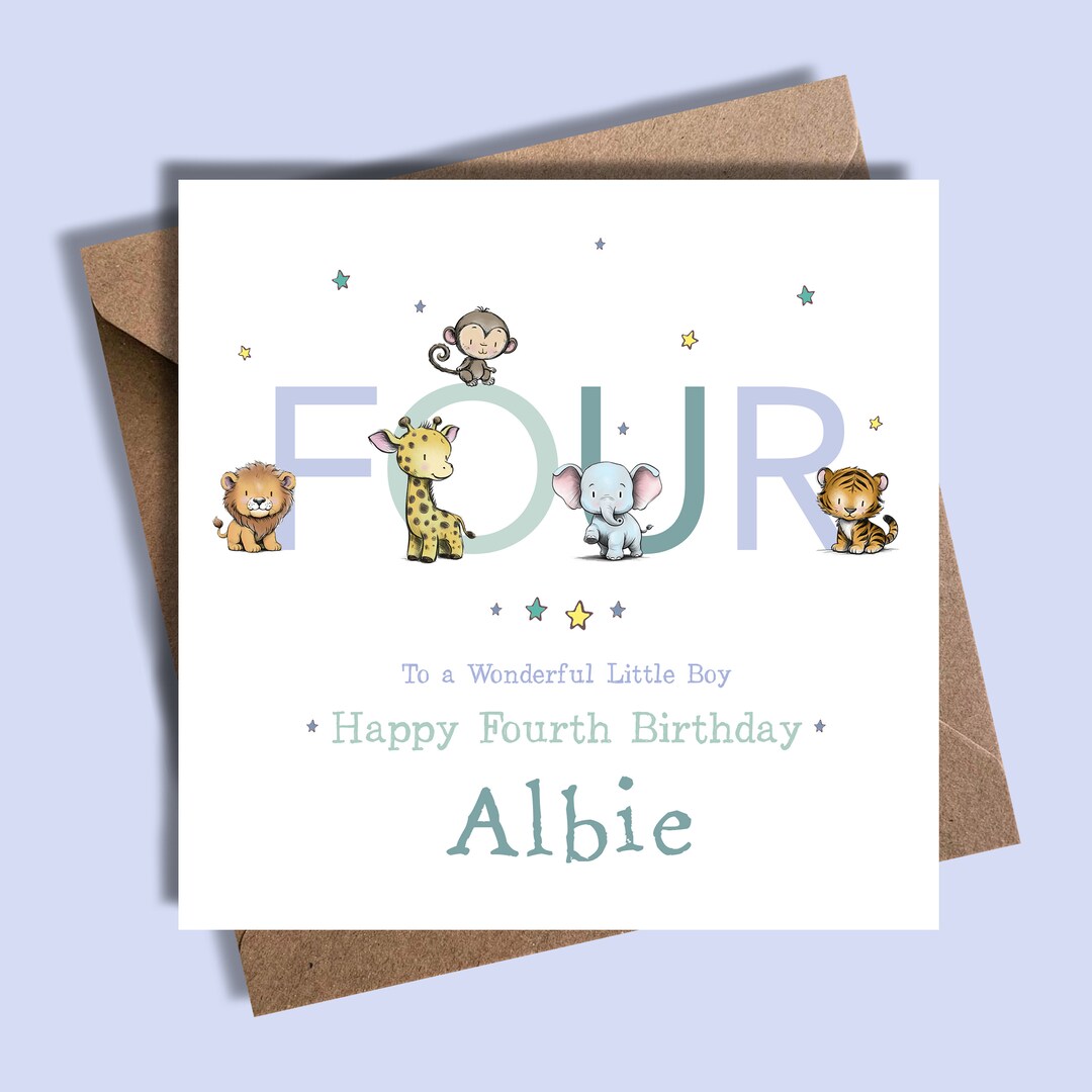 Jungle Fourth Birthday Card Little Boy, Personalised Card for Four Year ...