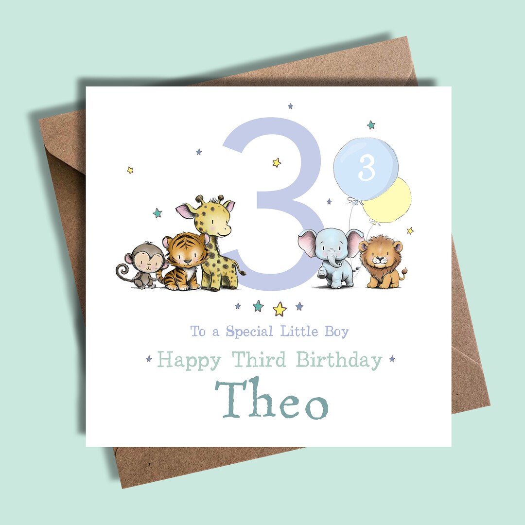 Jungle Third Birthday Card Little Boy, Personalised Card for Three Year ...