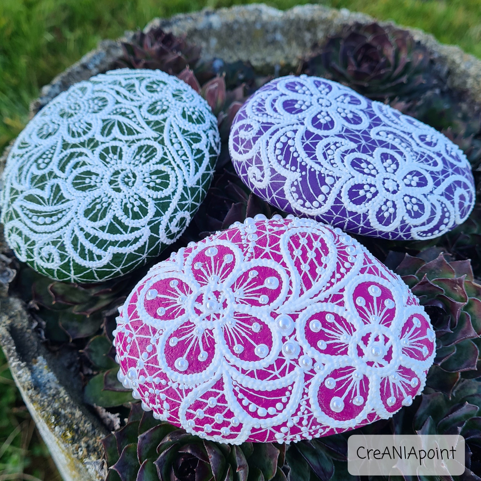 Floral Line Art on Hand Painted Stone in Dot Painting for - Etsy