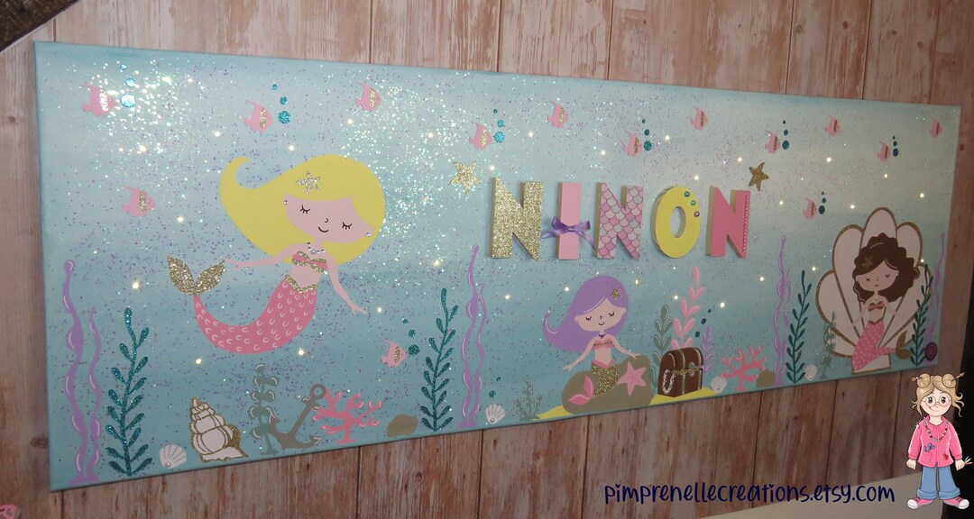 Personalized Little Mermaid Animal Painting, Luminous Canvas With First ...