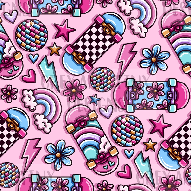 GIRLY SKATEBOARD, Skater, Skate, Dinosaur, Girls, Seamless Design ...