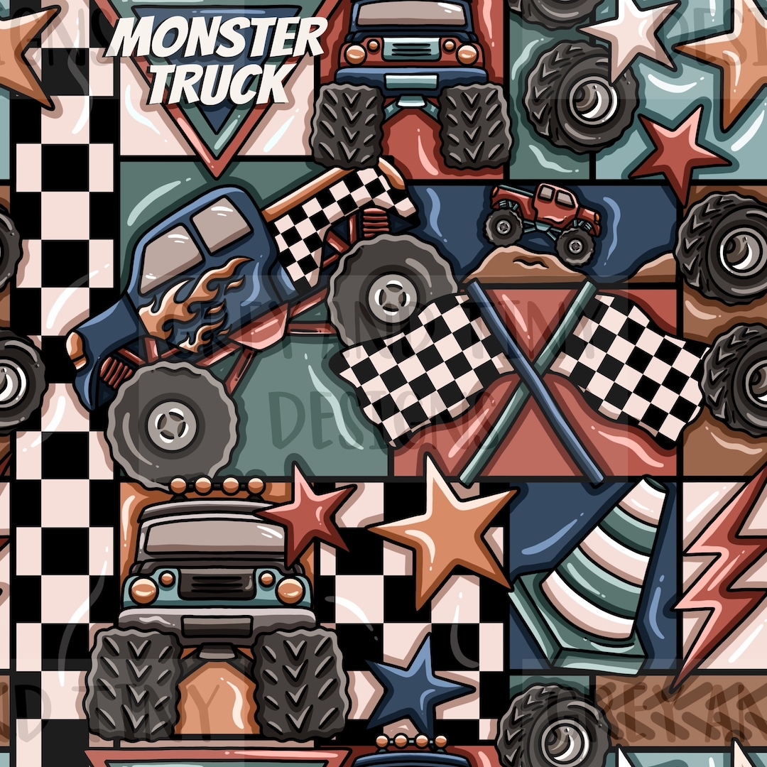 BOYS MONSTER TRUCK Patchwork, Monster, Jam, Race, Checker Flags ...