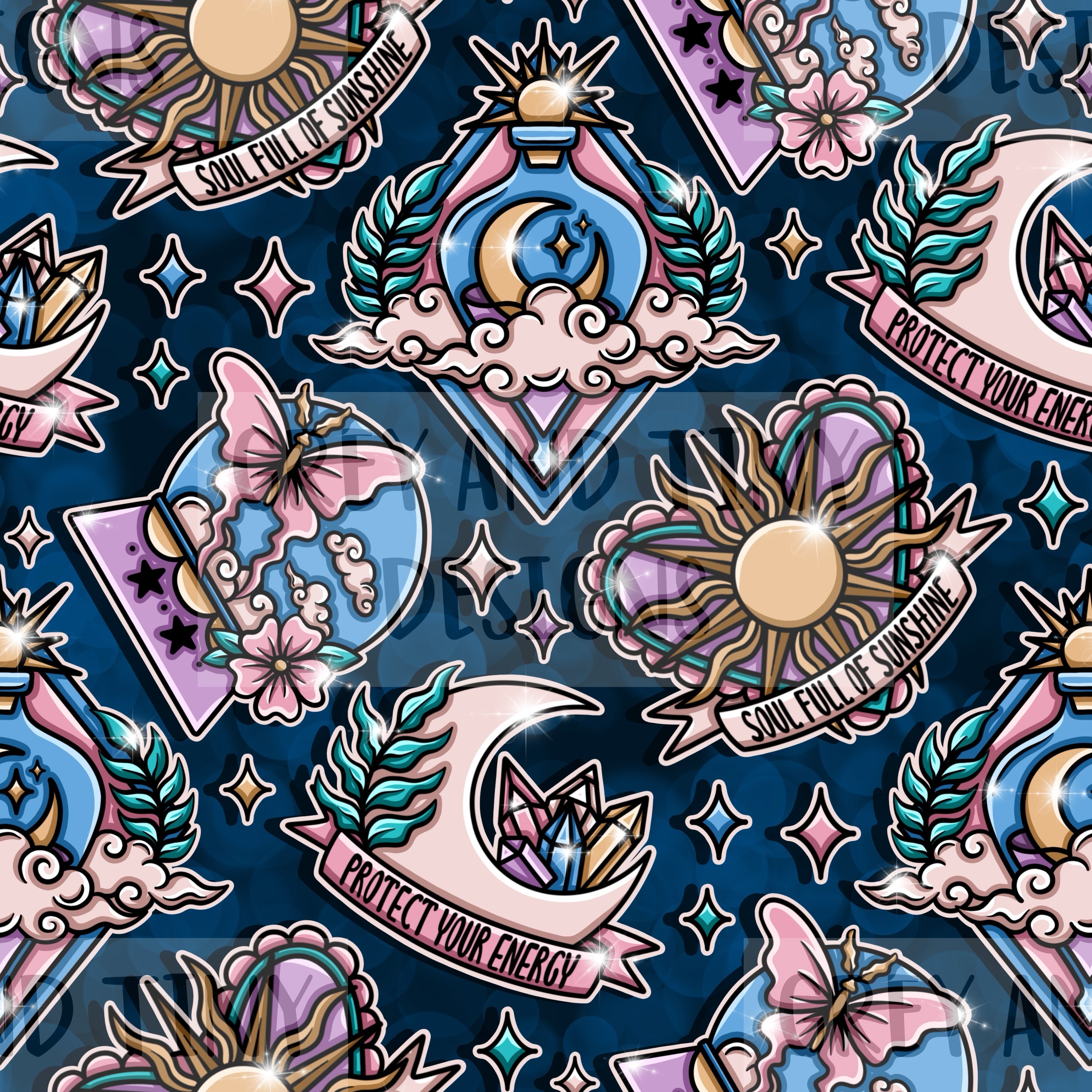 Celestial Witchy Tattoo Flash Seamless Design, Surface Pattern, Non Exclusive - Etsy