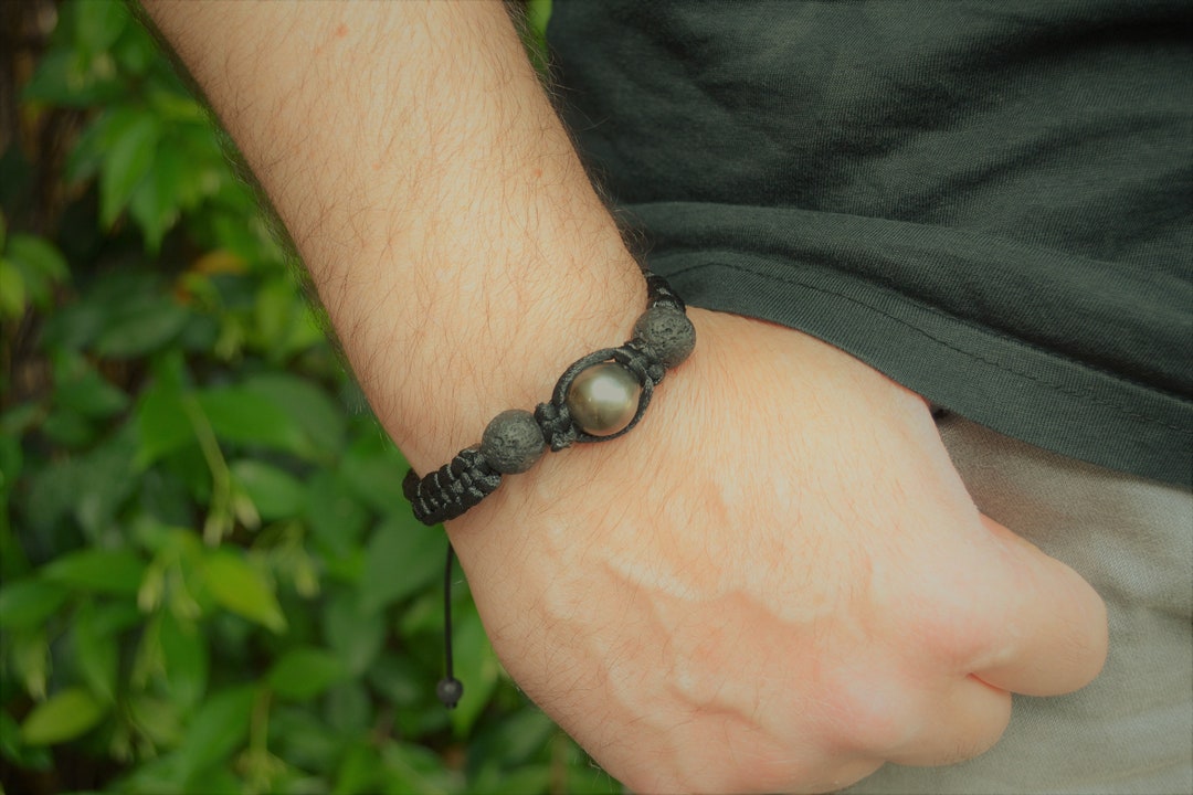 Men's Bracelet, Tahitian Pearl From Polynesia, Black Lace, Sliding Knot ...