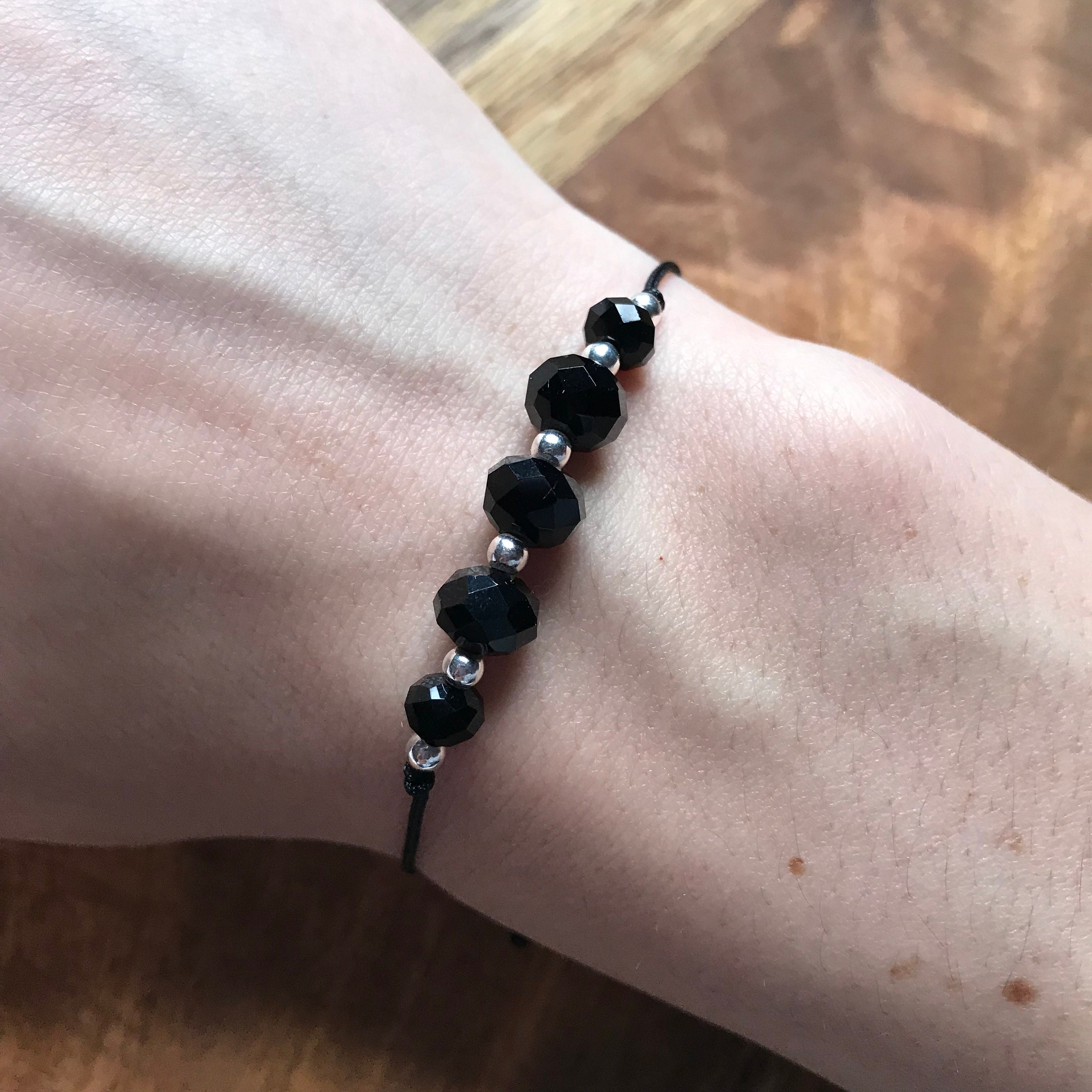 Crystal Beaded Bracelet, Black Crystal Bracelet, Black Beaded String ...