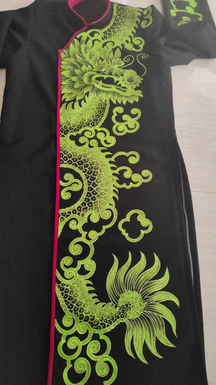 Pre-made Vietnamese Ao Dai Nam, Ao Dai Chu Re, Black, Hand Drawing ...