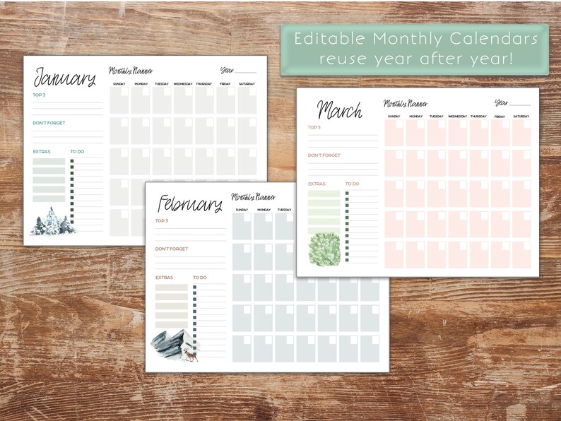 12 Editable Monthly Calendars | Printable Undated Monthly Planner ...