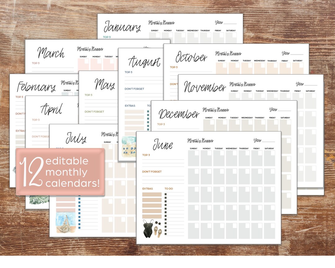 12 Editable Monthly Calendars | Printable Undated Monthly Planner ...