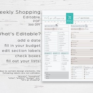 Editable Weekly Shopping List | Printable Shopping List - Etsy