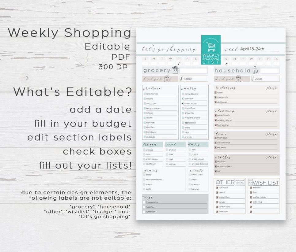 Editable Weekly Shopping List Printable Shopping List - Etsy