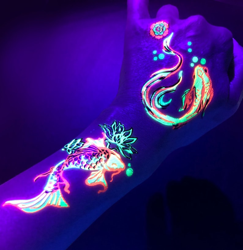 UV Reactive Koi Fish Temporary Tattoo: Rave Blacklight Body Art Glow in ...
