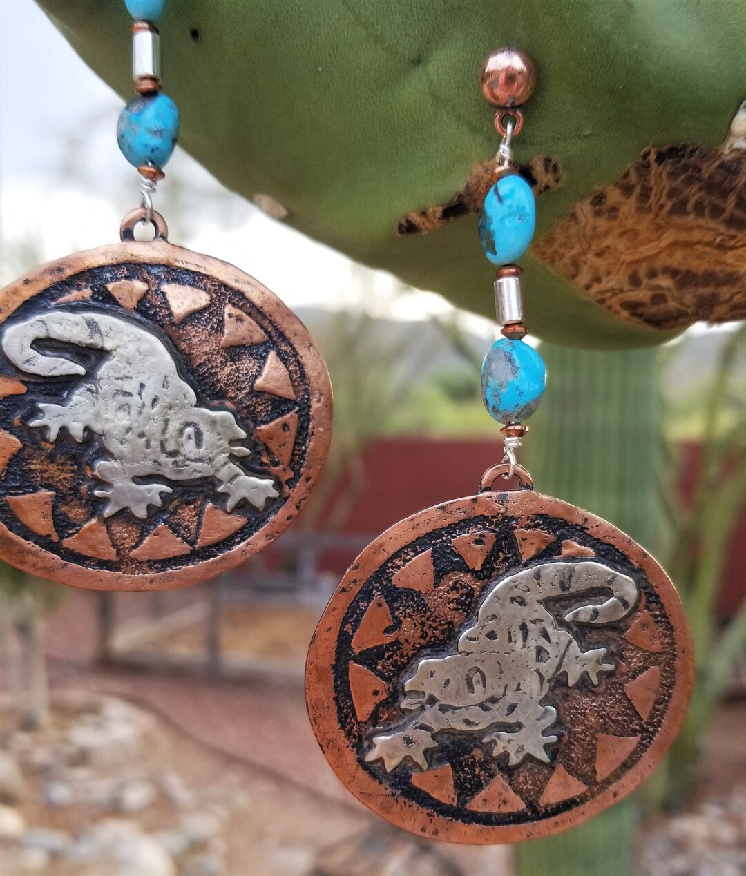 Gila Monster Silver, Copper & Castle Dome Turquoise Earrings - Etsy