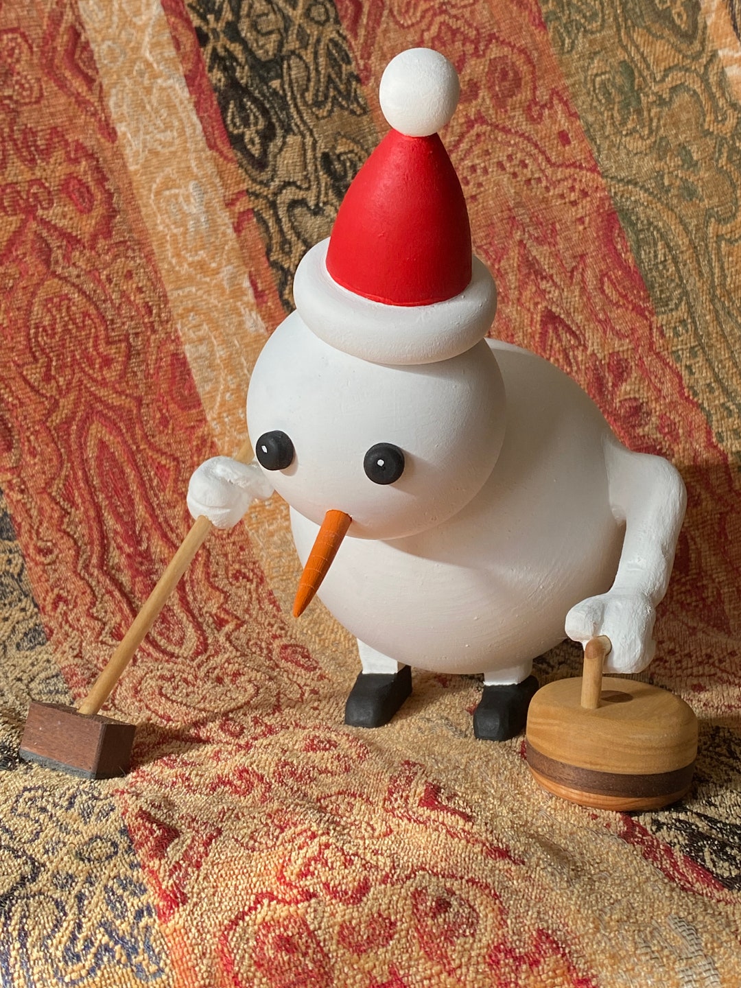 Curling Snowman With Broom and Stone - Etsy