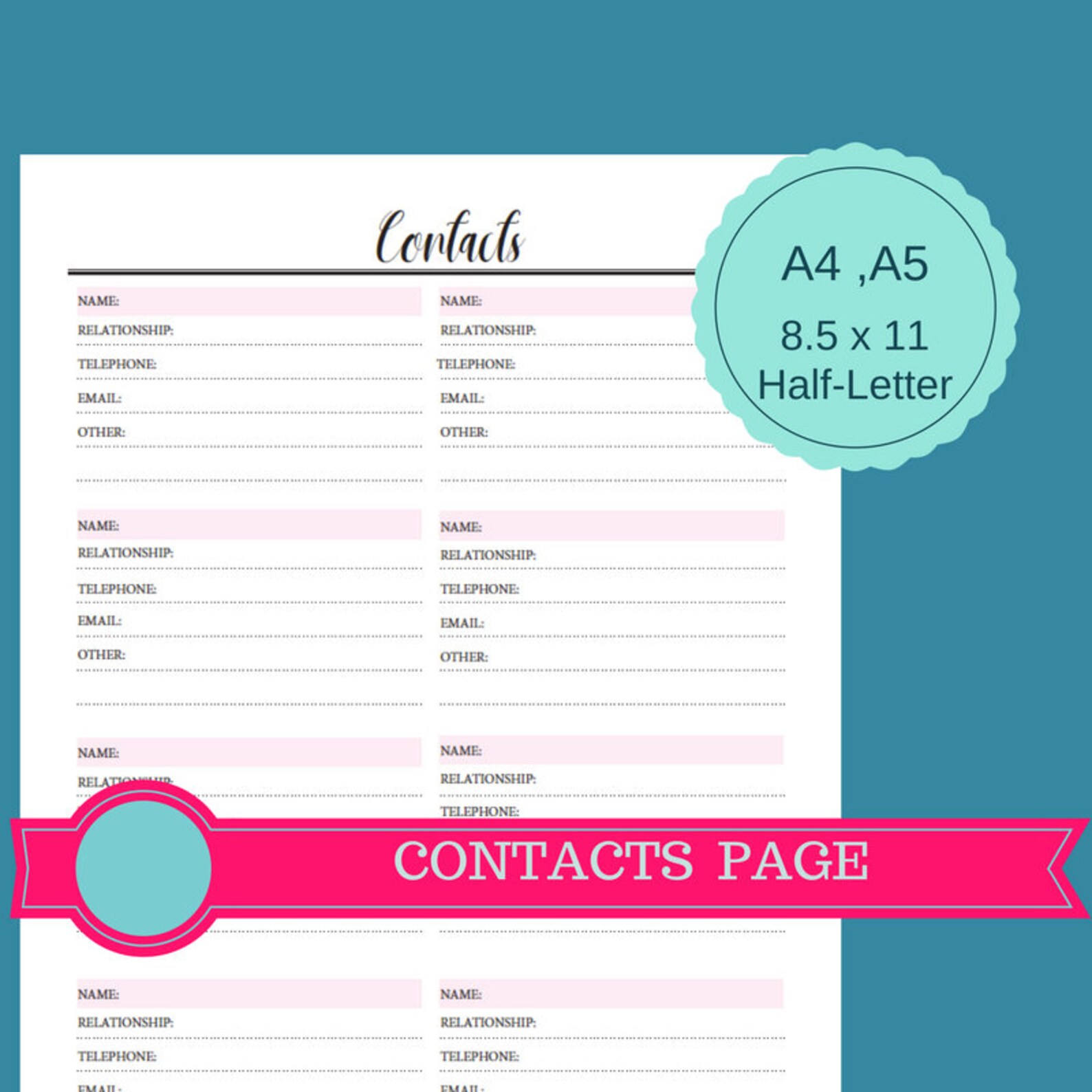Printable Contacts Page. Printable Personal Planner. Printable Business ...