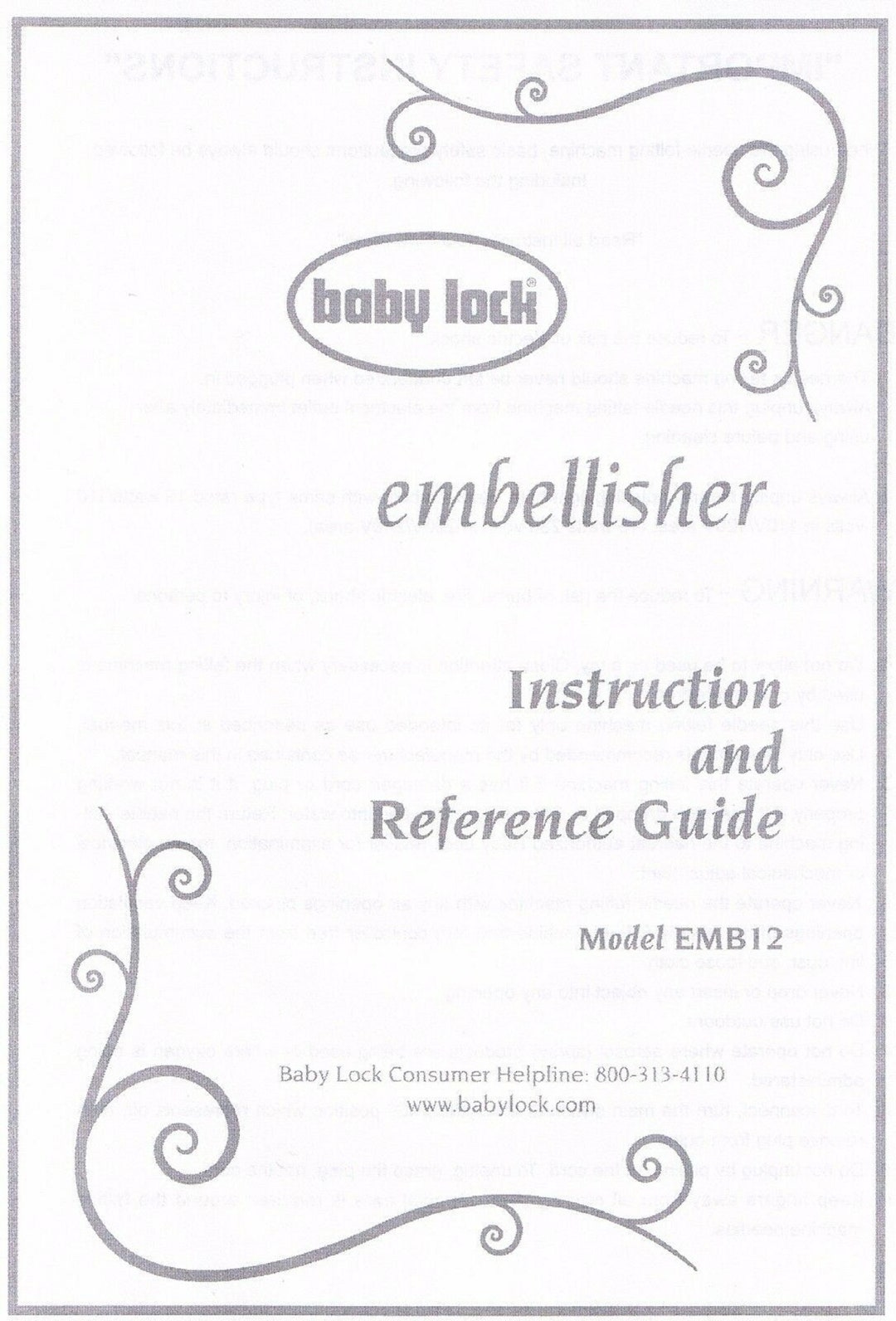 Embellisher EMB12 EMB12-2 Baby Lock Sewing Machine Owners Instruction ...
