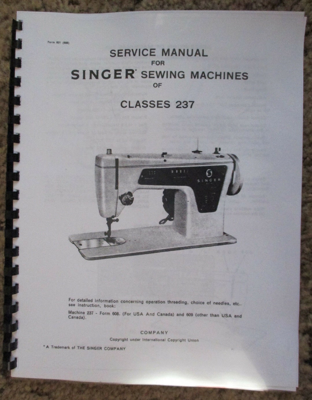 Digital Singer 237 Sewing Machine Service Repair Manual Book Part List ...