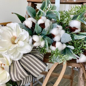 Farmhouse Magnolia Wreath, Magnolia and Cotton Wreath, Year Round ...