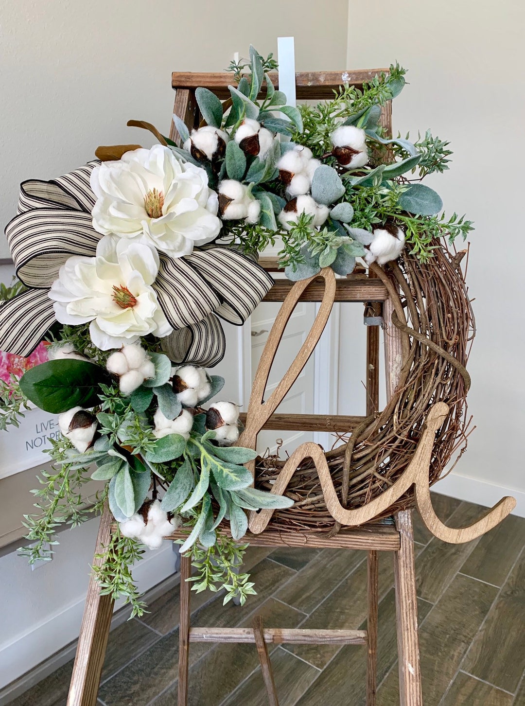 Farmhouse Magnolia Wreath, Magnolia and Cotton Wreath, Year Round ...