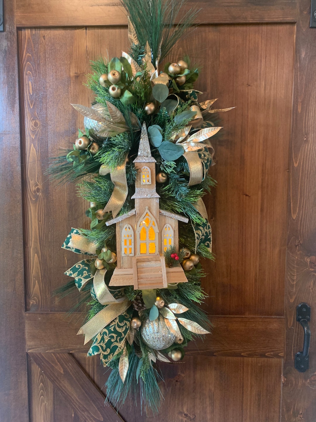 Lighted Church Swag: Emerald & Gold Christmas Wreath - Etsy