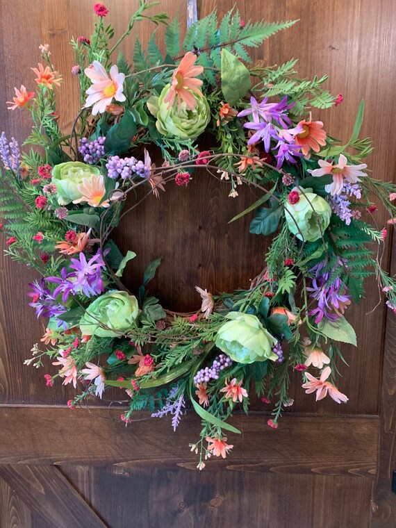 Wildflower Wreath Spring Floral Wreath green peony Wreath | Etsy