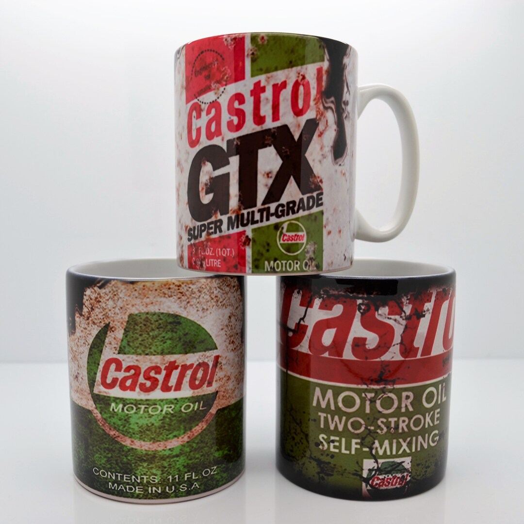 Set of Three Castrol Oil Mugs / Castrol GTX, Castrol Two Stroke ...