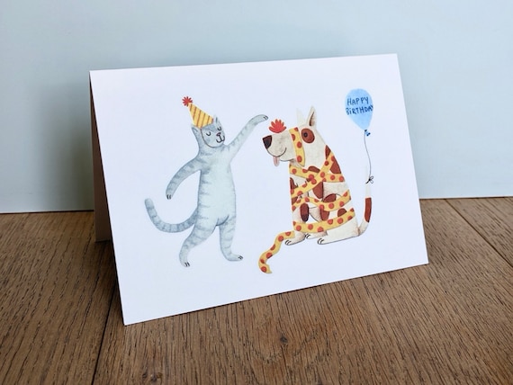 Happy Birthday Cat and Dog Blank Illustrated Card | Etsy