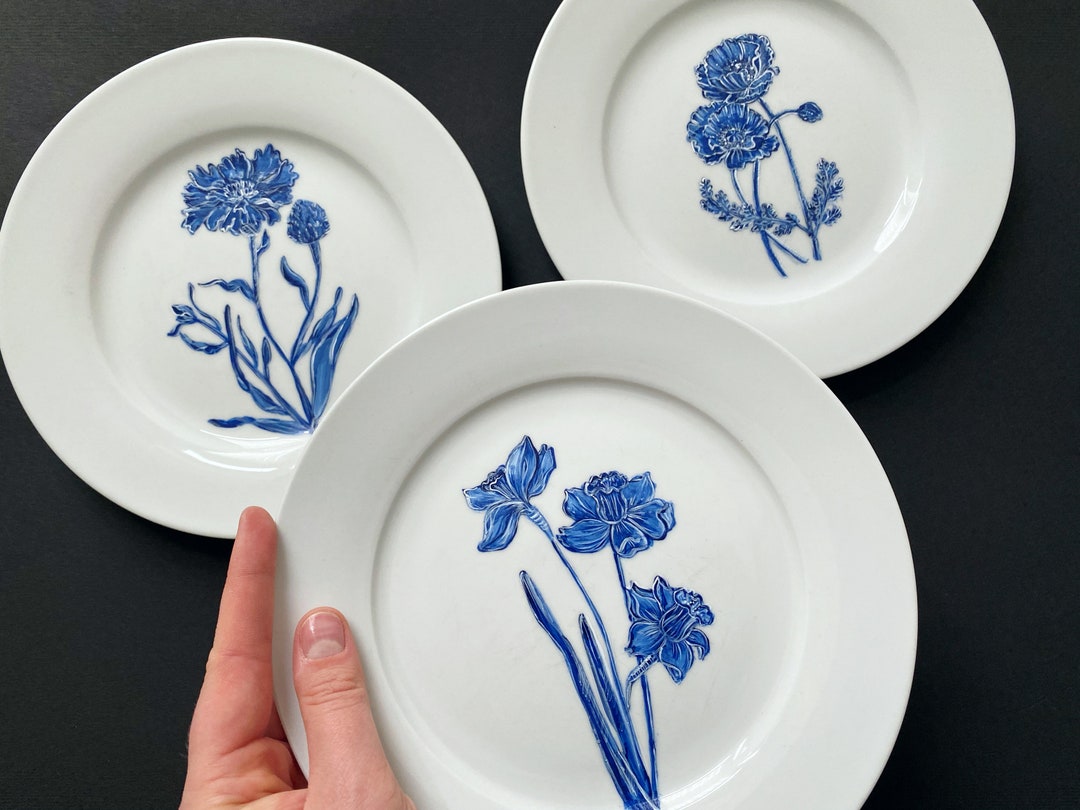 Set of 3 Decorative Hand Painted Plates Flowers Painting - Etsy