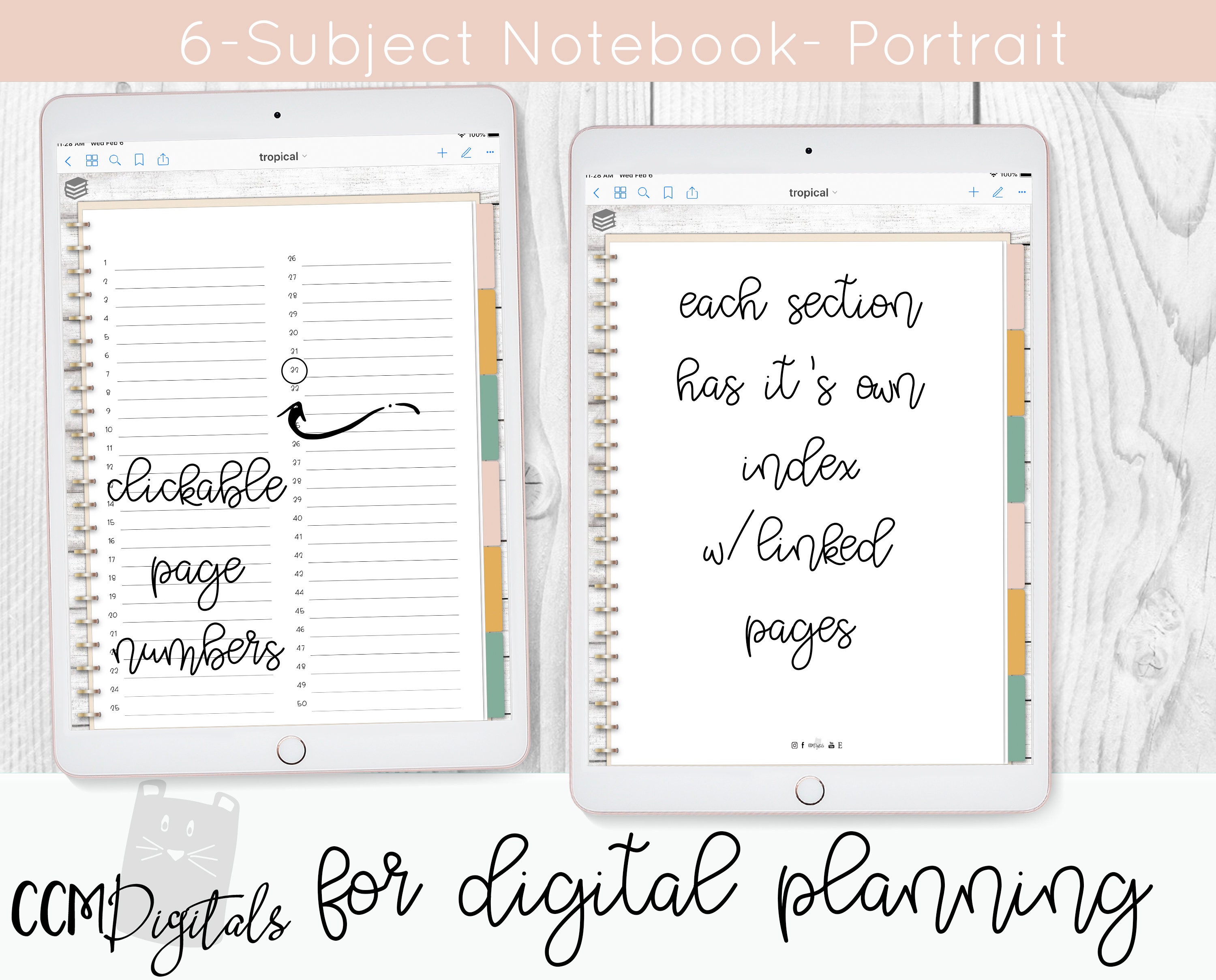 Digital 6-Subject Notebook with Linked pages Digital Journal | Etsy