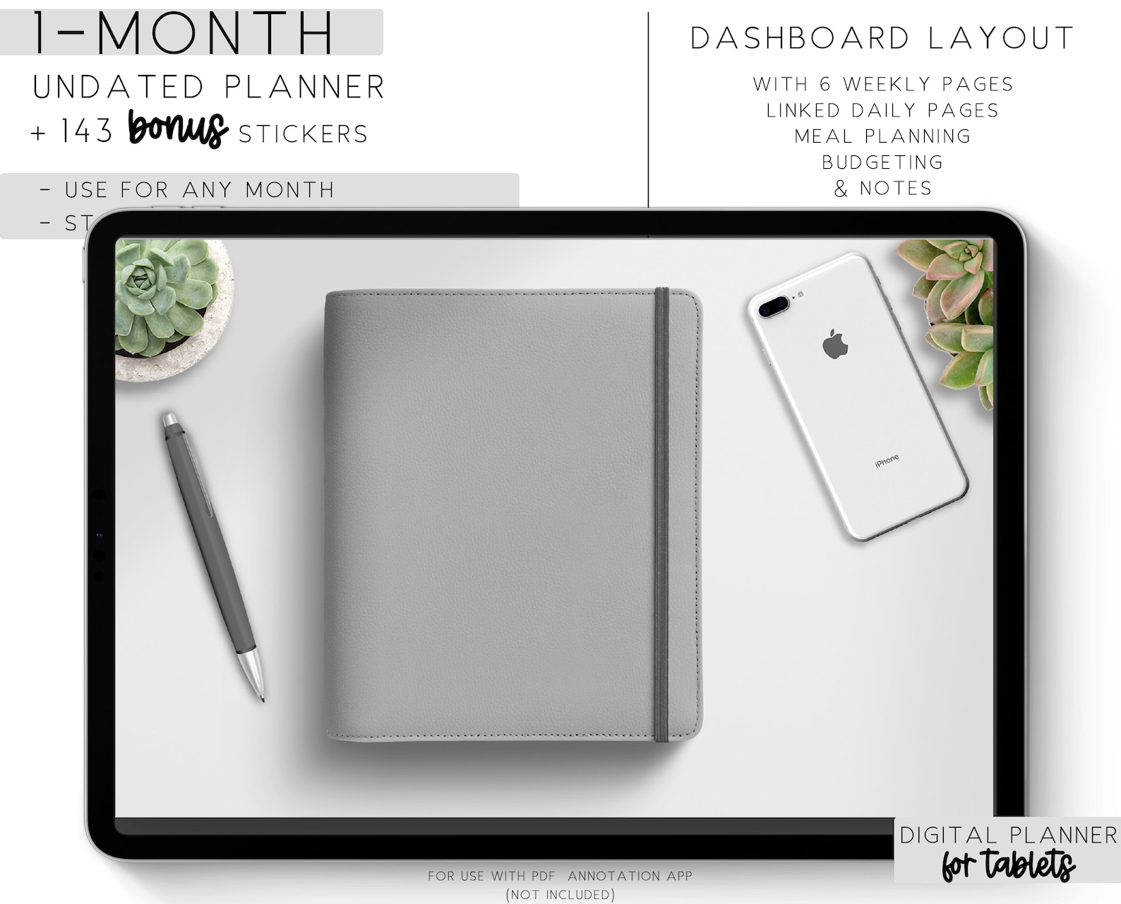 Undated One Month Digital Planner Gray Simple Dashboard - Etsy