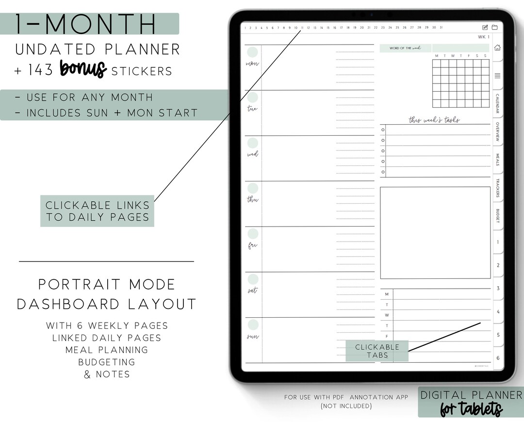 Undated Minimalist 1 Month Digital Planner - Digital PDF Planner for ...