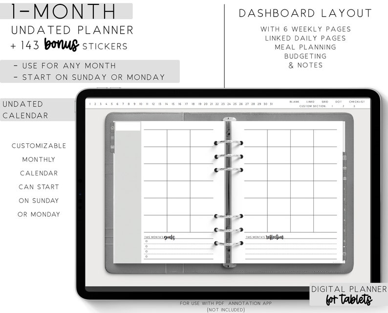 Undated One Month Digital Planner | Gray Simple Dashboard Layout for ...