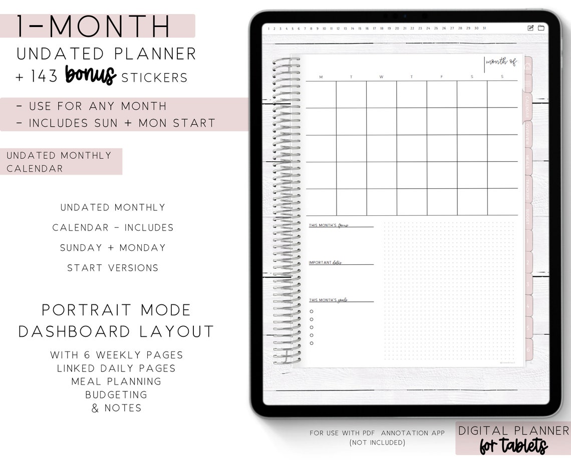 Undated One Month Digital Planner Soft Pink Portrait Layout - Etsy