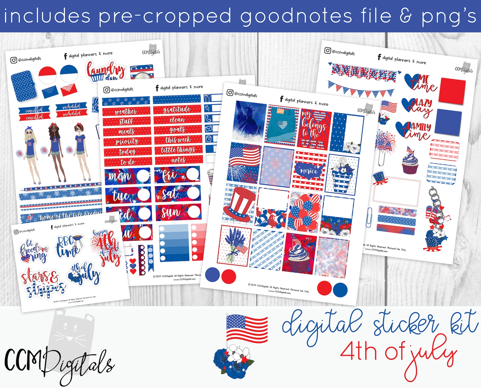 4th of July Digital Planner Stickers | Digital Stickers for Digital ...